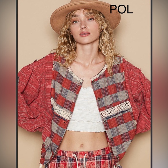 POL | Tops | Bp26pol Pizazz In Red Plaid Shacket Wcool Details Color ...